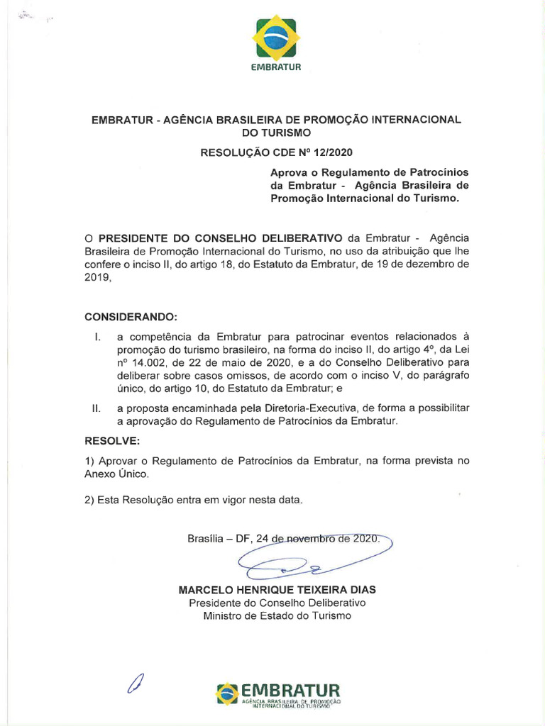 Resolucao No 12 2020 Aprova o Regulamento de Patrocinios Da Embratur | PDF