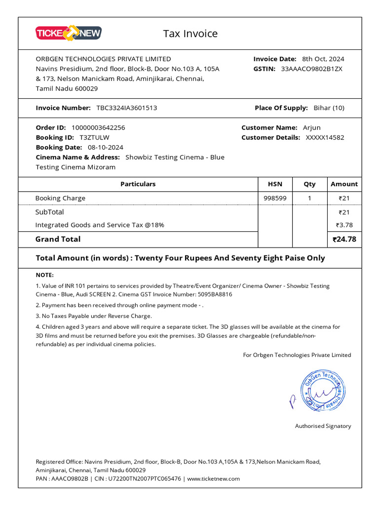 Cinema Ticket Invoice | PDF