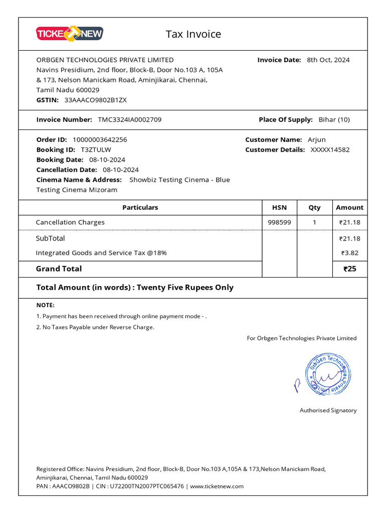 Cancellation Invoice - Order 10000003642256 - Ticketnew | PDF