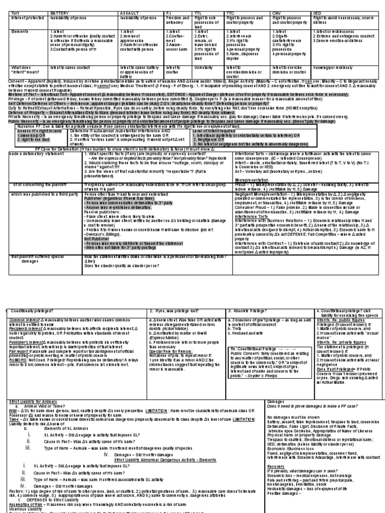 Torts Cheat Sheet 2 Final Final Final | PDF | Defamation | Trespass