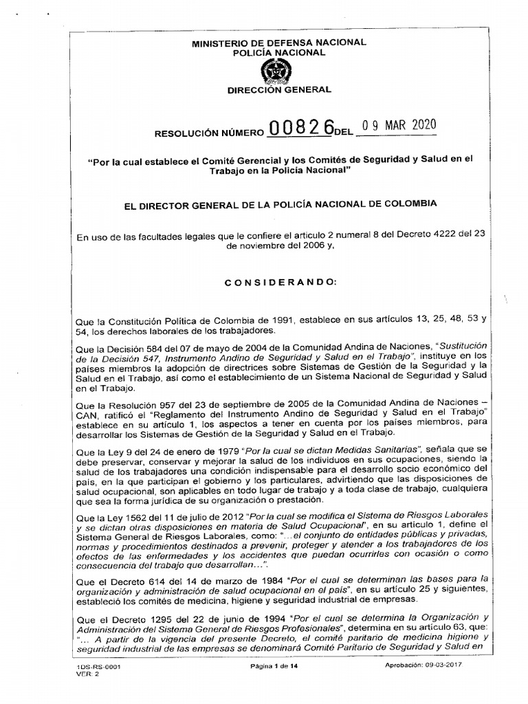 NVA COSST RESOLUCIÓN No 00826 Del 09-0-2020 - COSST - POLICIA NACIONAL ...