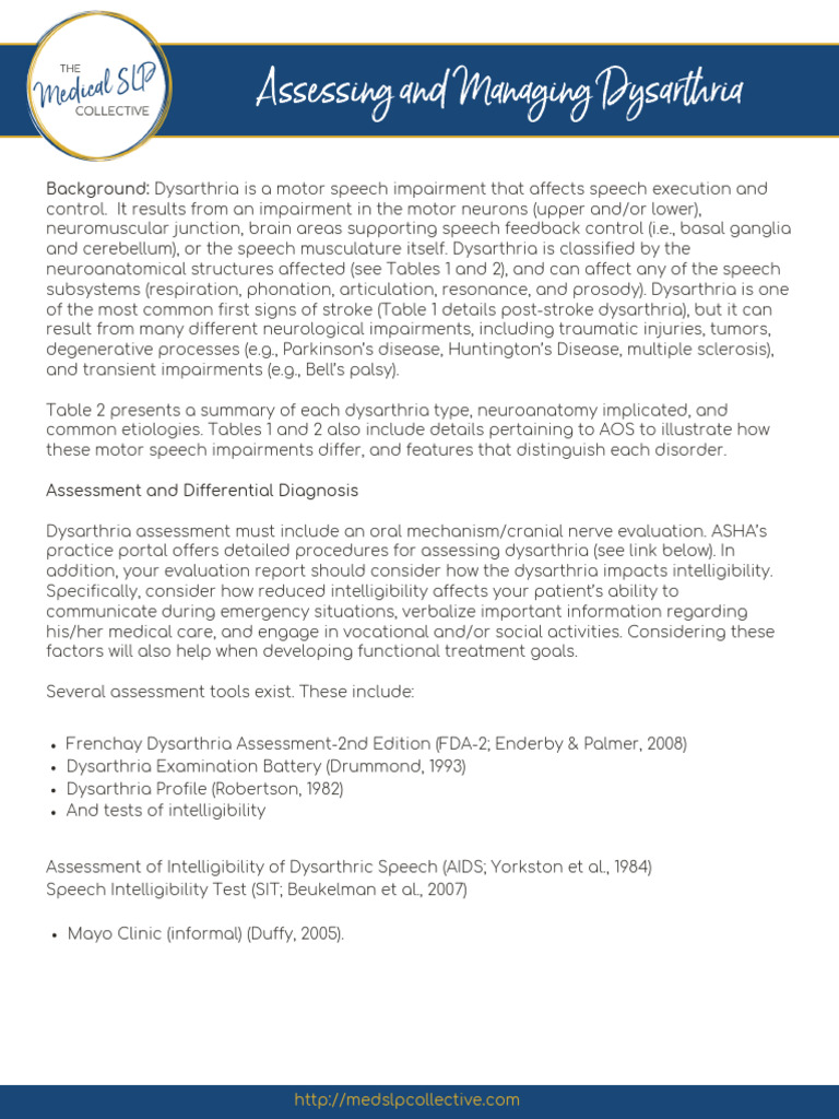 Assessing Dysarthria: Key Insights | PDF | Neurology | Diseases And ...