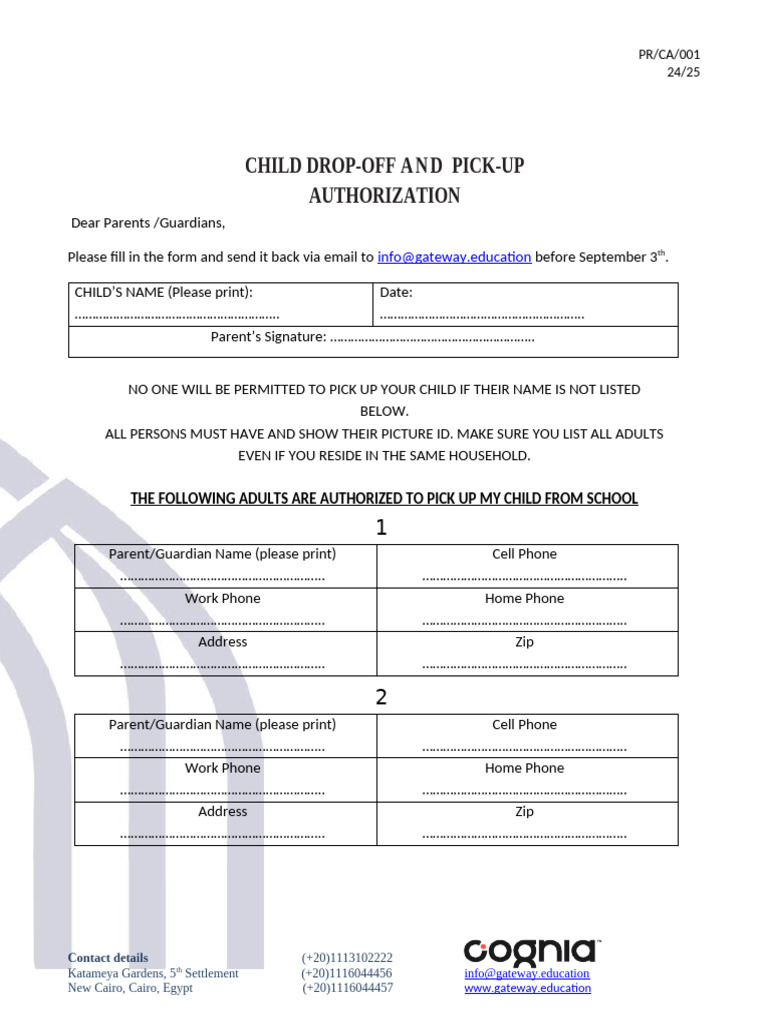 Form1 Childdropoffandpickupauthorization | PDF