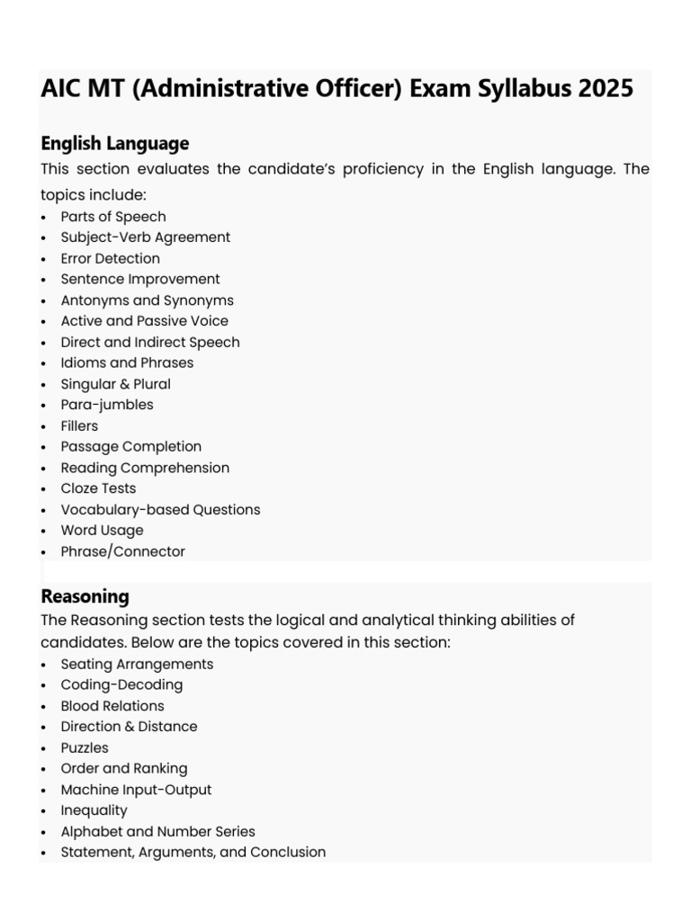 AIC MT (Administrative Officer) Exam syllabus 2025 | PDF | Reason