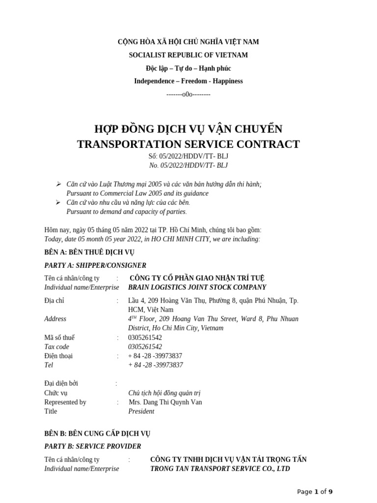 Mau Hop Dong Van Chuyen Hang Song Ngu | PDF