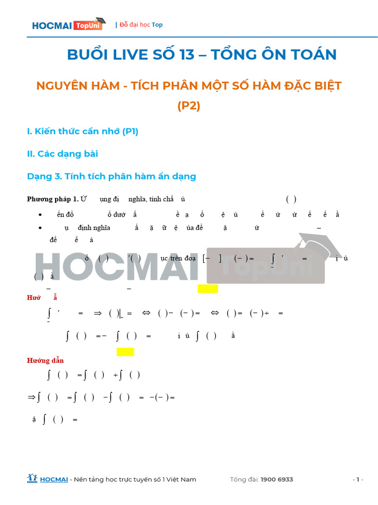 TopUni Buoi 13 Nguyen Ham Tich Phan Mot So Ham Dac Biet P2 TLBG DA | PDF