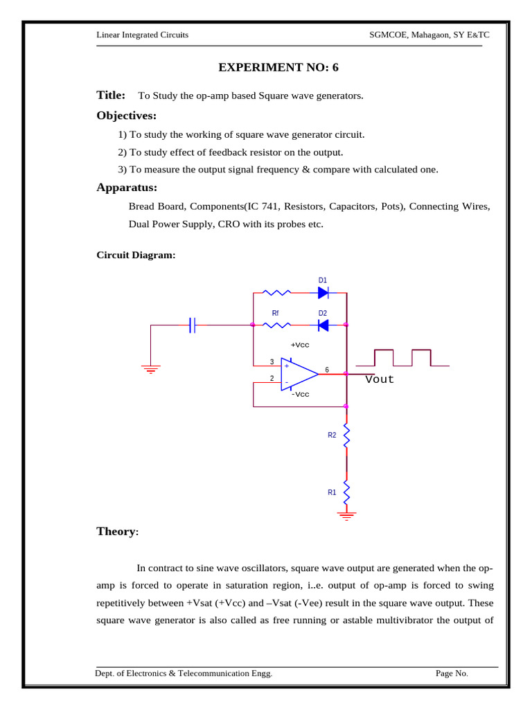 6) Square Wave Generator | PDF | Operational Amplifier | Electronic Oscillator