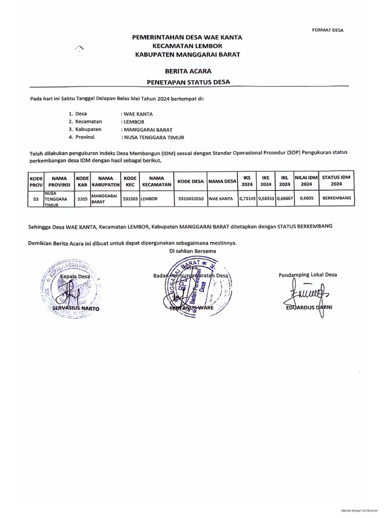 Berita Acara IDM Desa Wae Kanta 2024 | PDF