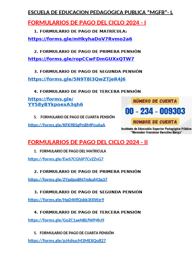 Formularios de Pago 2024 - Escuela MGFB | PDF