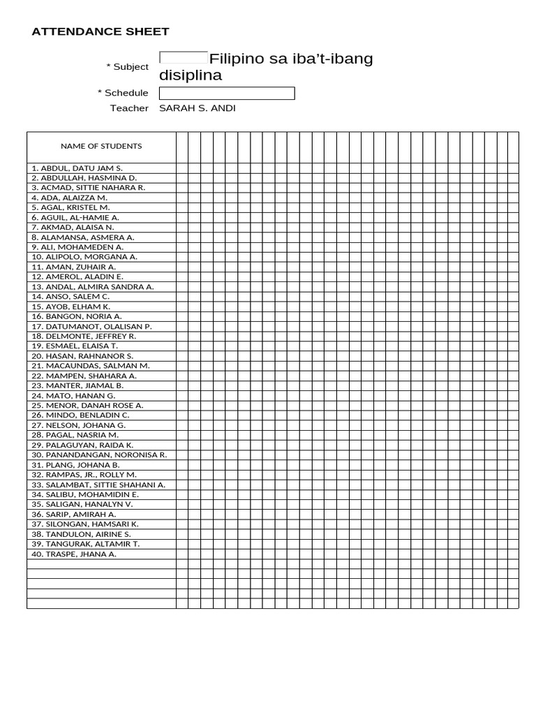 Attendance Sheet for Filipino Classes | PDF