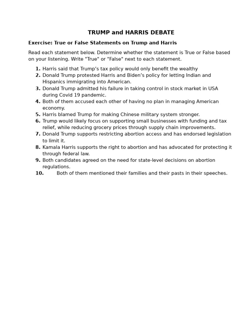 Trump vs. Harris Debate True/False Quiz | PDF