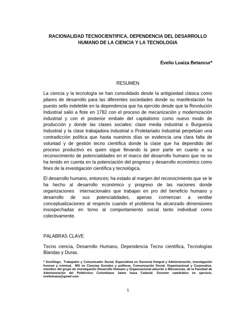 RACIONALIDAD TECNOCIENTIFICA, DEPENDENCIA DEL DESARROLLO HUMANO DE LA ...