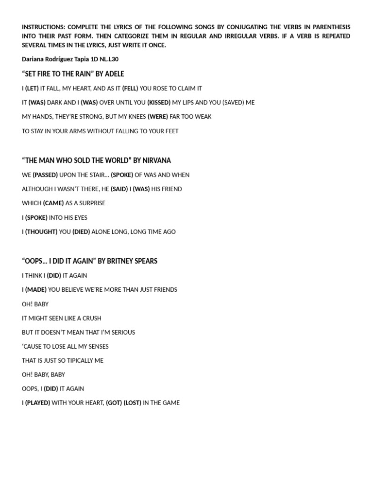 LYRICS PAST SIMPLE- Dariana rodriguez tapia | PDF