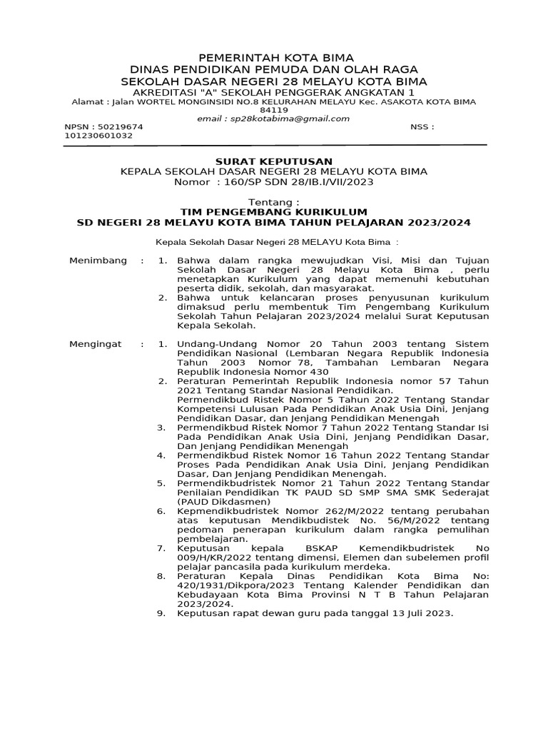 SK Tim Pengembang Kurikulum SDN 5 | PDF