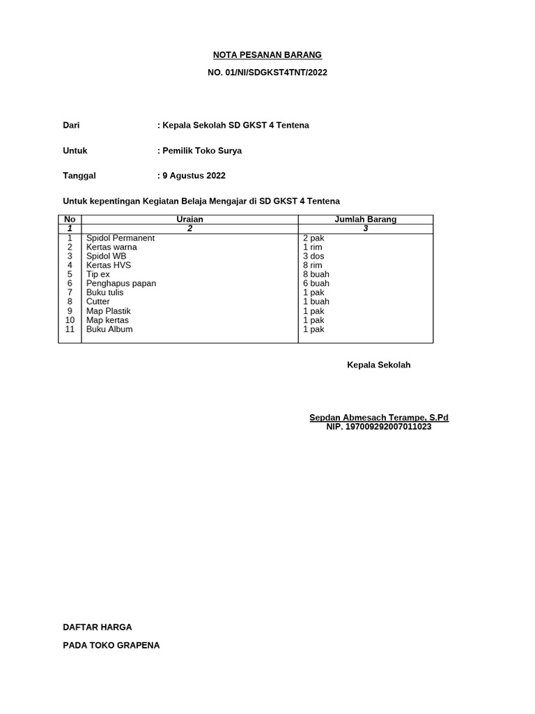 Nota Pesanan dan Penerimaan Barang ATK | PDF