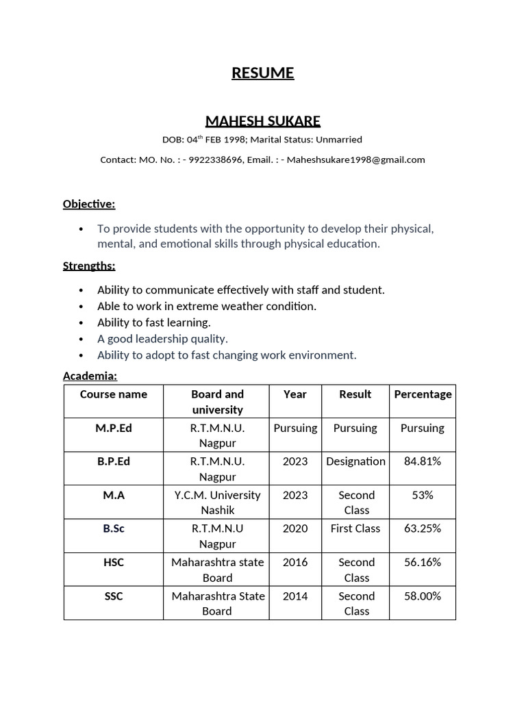 Mahesh RESUME 2025 | PDF | Sports