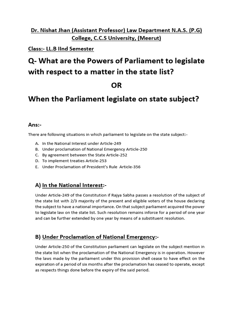 Power of Parliament LL B II 13-4 | PDF | Treaty | State Of Emergency