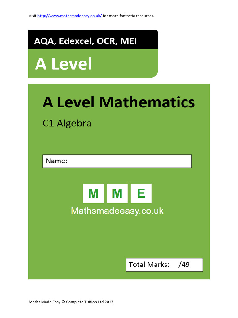C1-A-Level-Maths-Algebra-Questions-for-AQA-OCR-Edexcel-and-MEI (2) | PDF | Quadratic Equation ...