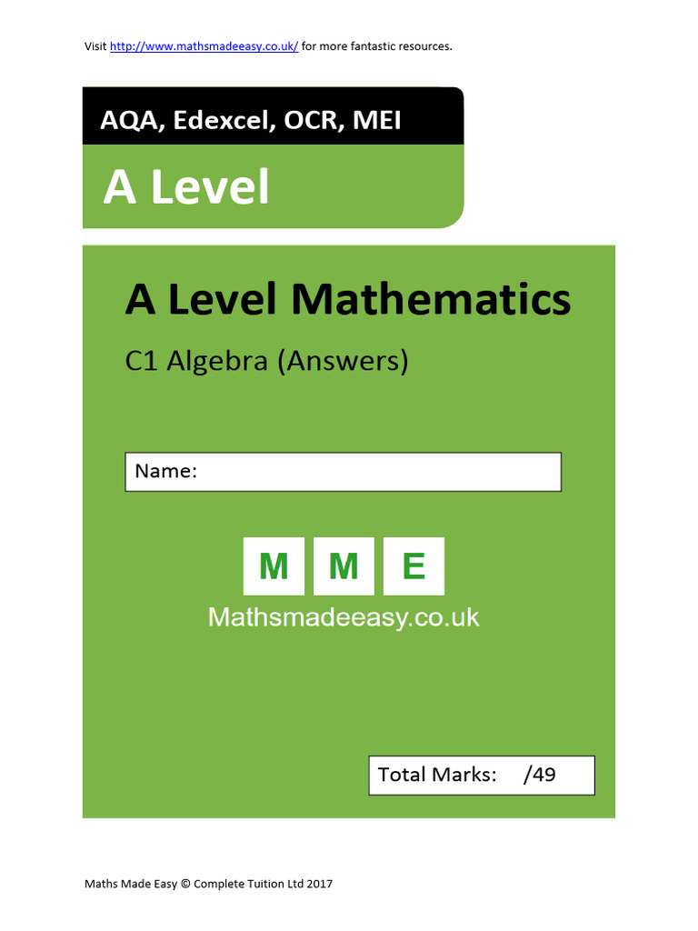 C1-A-Level-Maths-Algebra-Answers (1) | PDF | Quadratic Equation | Algebra