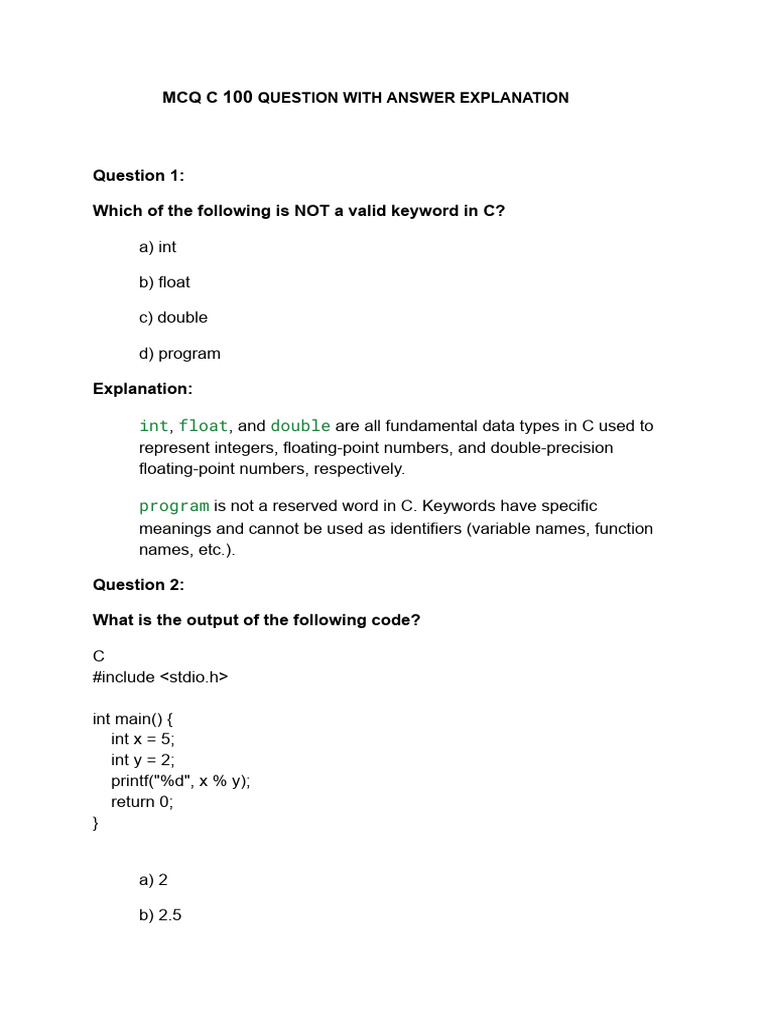 Mcq C 100 Question With Answer Explanation 1 Pdf Pointer Computer Programming Control Flow