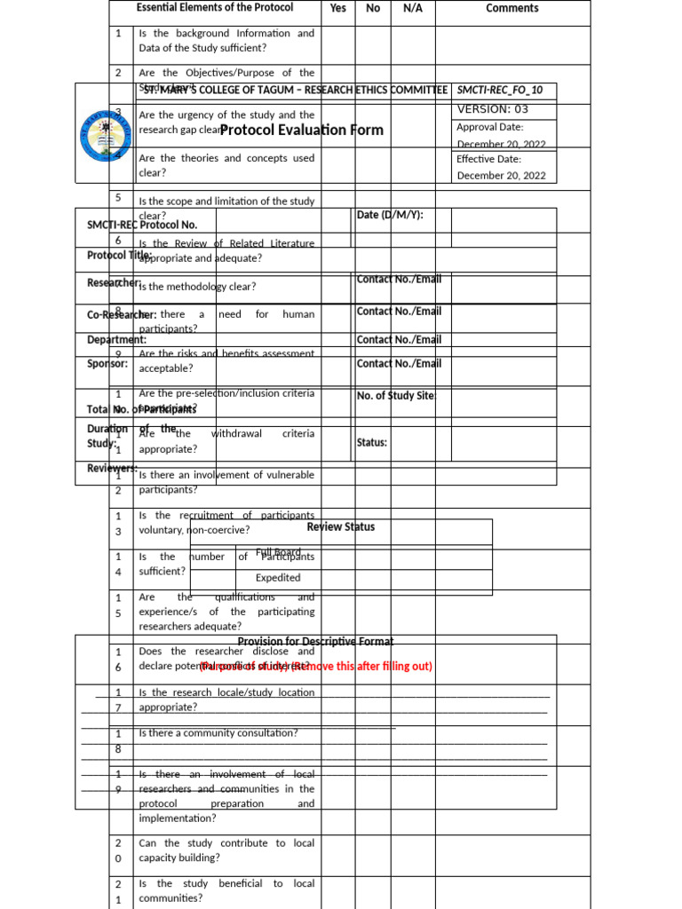 FORM 10 Protocol Evaluation Form 1 | PDF