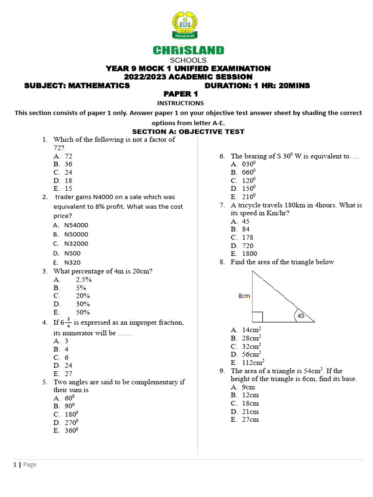 Year 9 Mock Mathematics Exam 2023 | PDF | Inequality (Mathematics ...