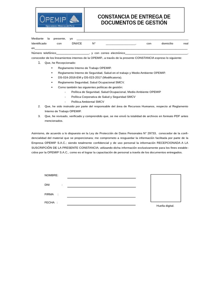 Constancia de Entrega OPEMIP | PDF