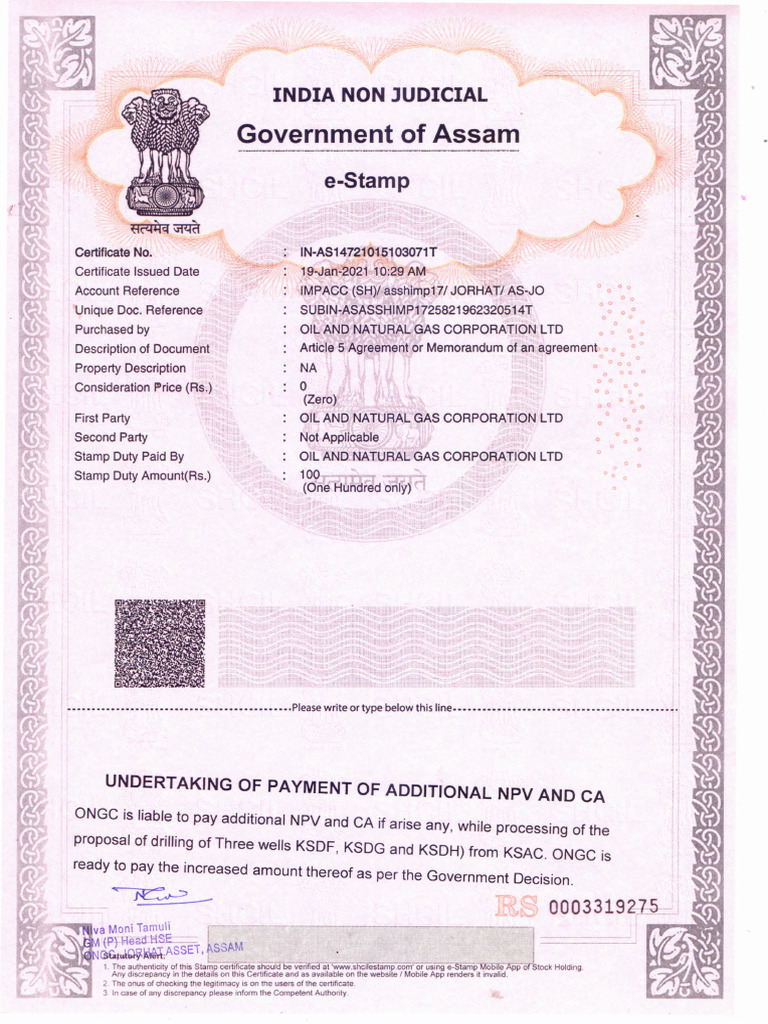 e-Stamp Certificate for ONGC Agreement | PDF