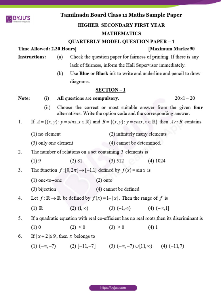Tamilnadu Board Class 11 Maths Sample Paper | PDF | Number Theory | Discrete Mathematics
