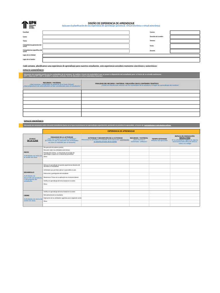1. Formato Diseño Experiencia de Aprendizaje 2024 (Pres- Síncr) (1) | PDF | Salón de clases ...