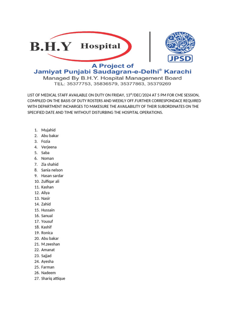 List of Medical Staff Available On Duty For Cme | PDF