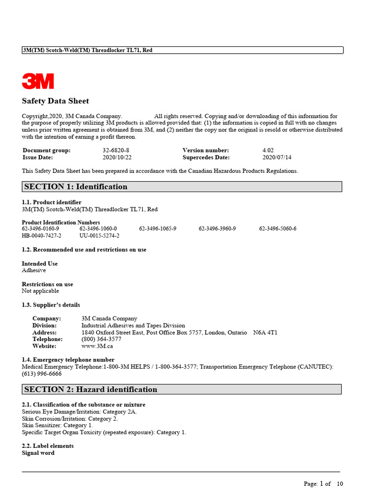3M Scotch-Weld Threadlocker TL71 | PDF | Toxicity | Waste