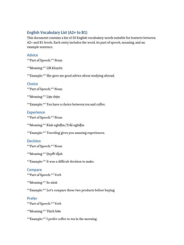 Essential A2-B1 English Vocabulary List | PDF | Part Of Speech | Noun