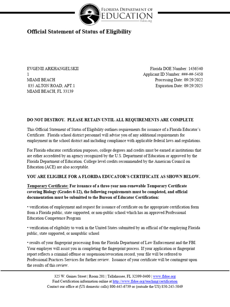 Official Statement of Status of Eligibility | PDF