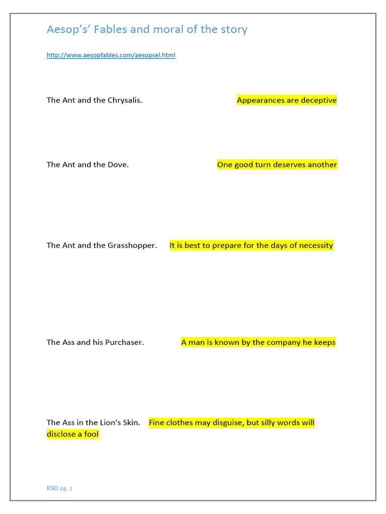 S Tales Names and Moral of Stories Selected | PDF | Aesop's Fables | Fable