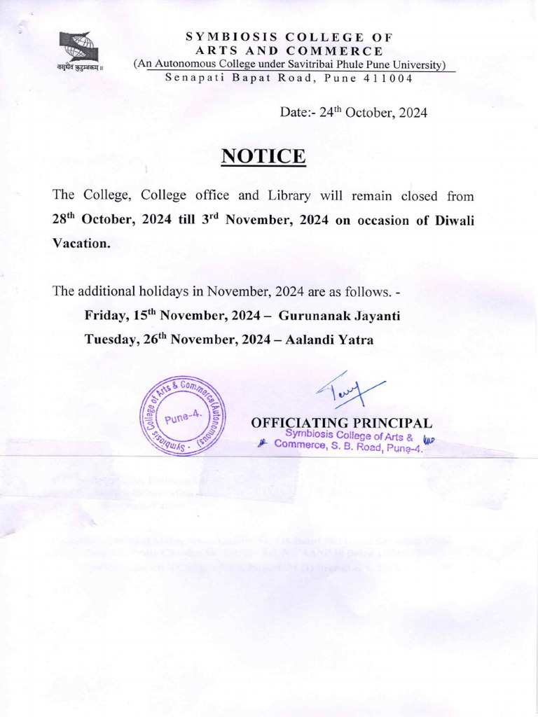 Notice Holidays in Nov. 2024 | PDF