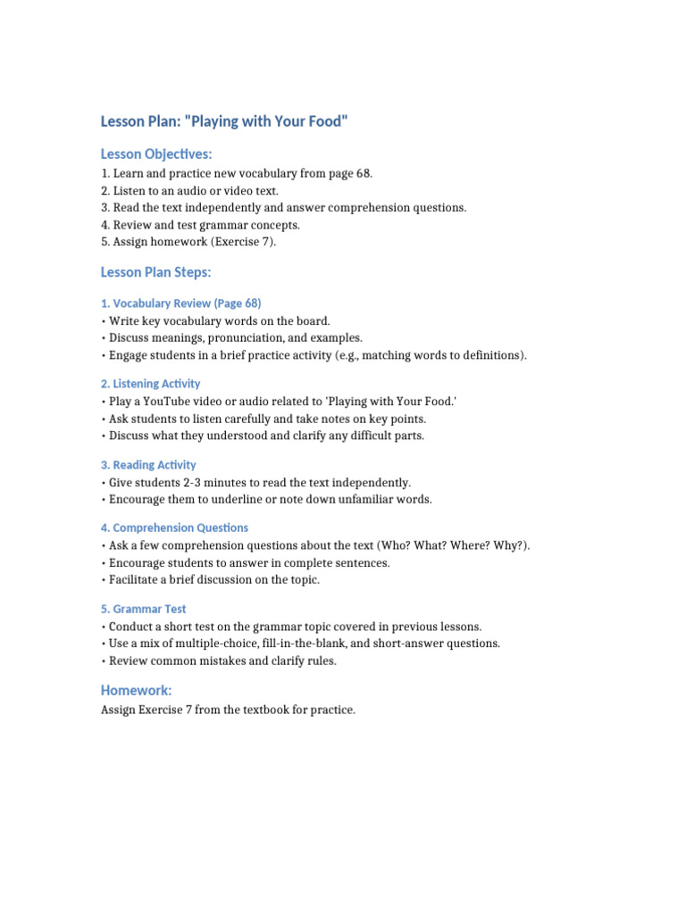 Lesson Plan Playing With Your Food | PDF