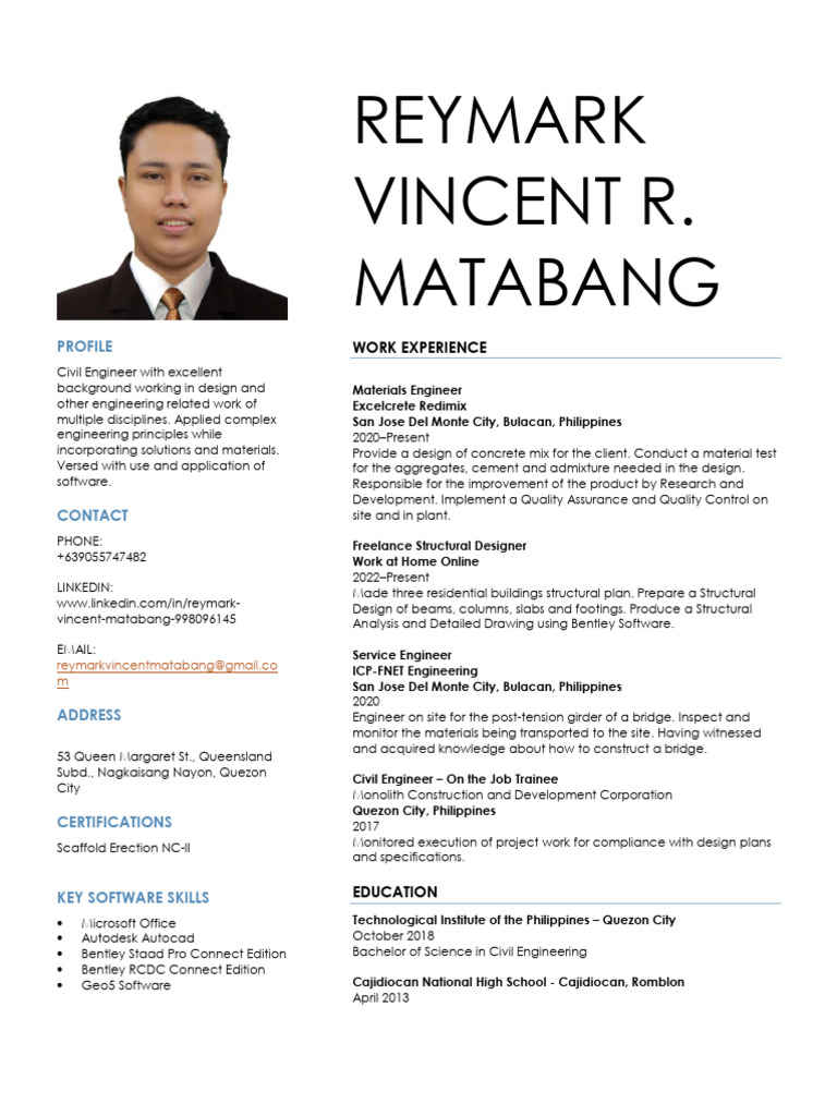 REYMARK VINCENT R. MATABANG - Resume | PDF | Engineering