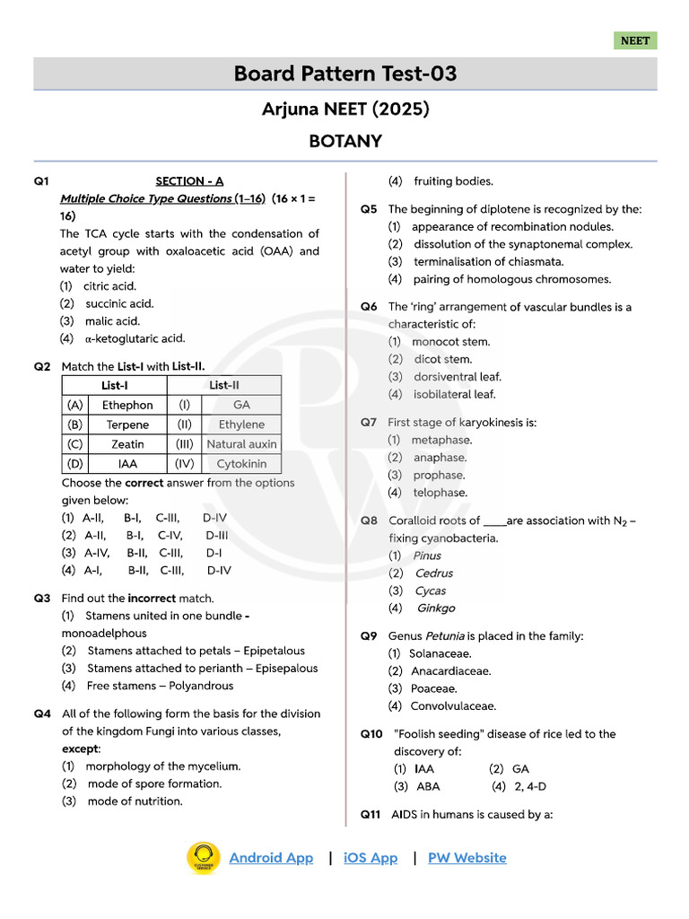 Board Pattern Test 03 _ Botany Test Paper __ Arjuna NEET 2025 | PDF