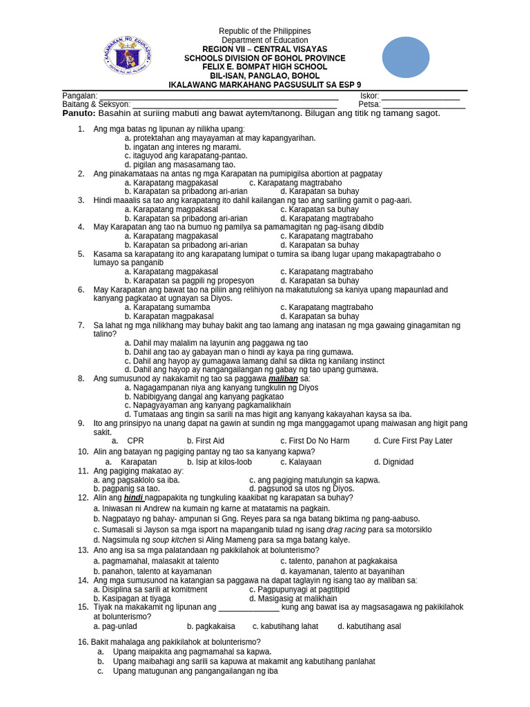 2ND QUARTER EXAM_ESP 9_teachers copy (2) | PDF