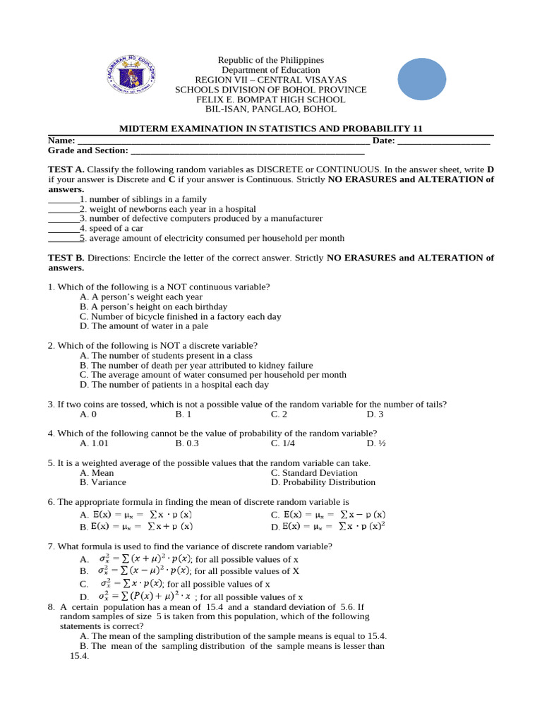 Stat and Proba 11 - 3rd Quarter - Periodical Exam - 65 Copies | PDF | Probability Distribution ...