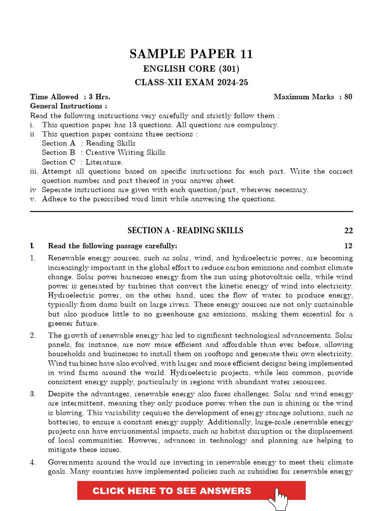 English Sample Paper 1 | PDF | Renewable Energy | Sustainable Energy
