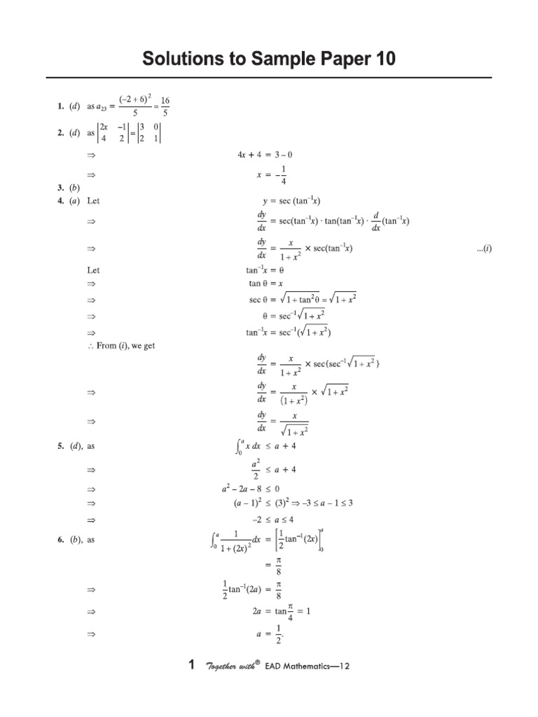 Cbse Cl12 Ead Mathematics Answers to Sample Paper 10 2025 | PDF