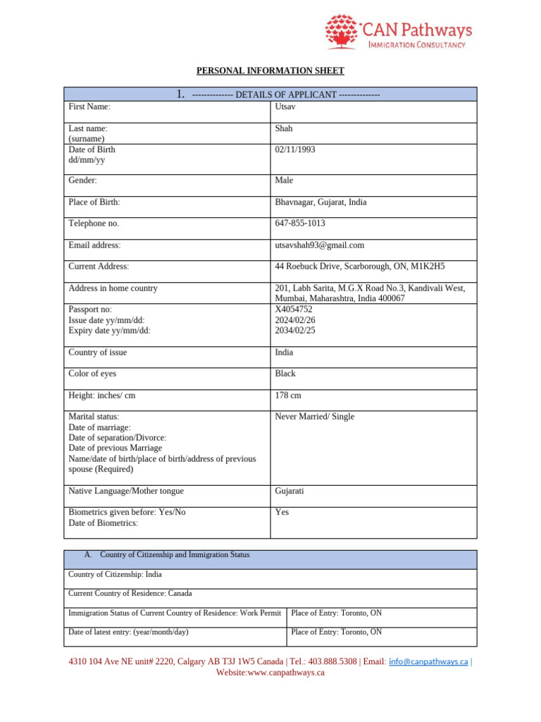 Personal Information Sheet for Utsav Shah | PDF | Travel Visa ...