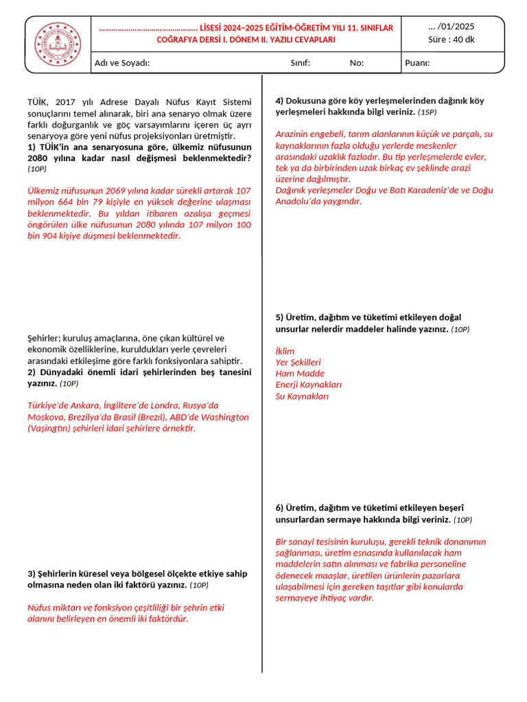 11 Sinif 1 Donem 2 Yazili Cevap Anahtari 2024 2025 | PDF