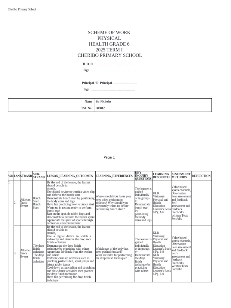 Grade 6 Physical Health Scheme of Work | PDF | Learning