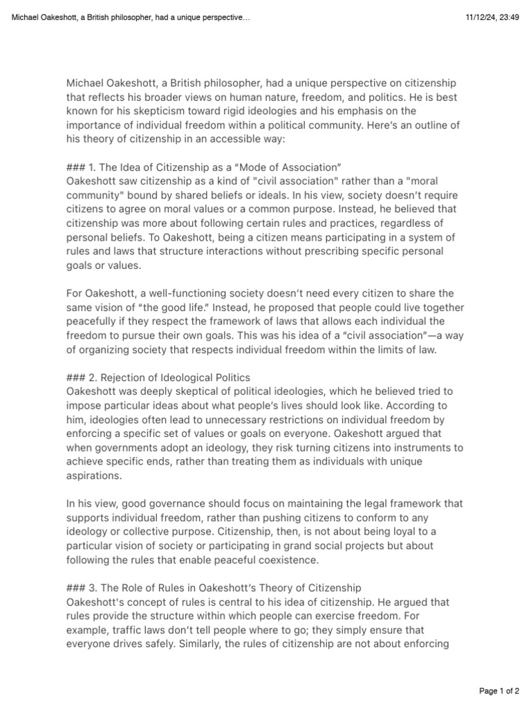 Oakeshott's Theory of Citizenship Explained | PDF | Citizenship ...