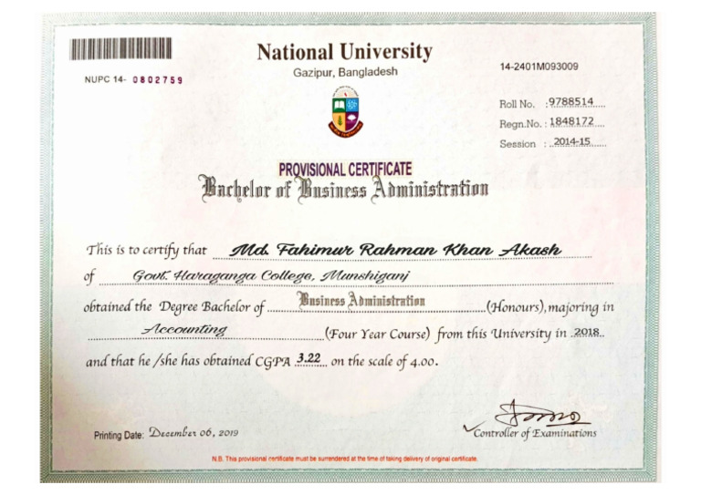 My National University Certificate | PDF