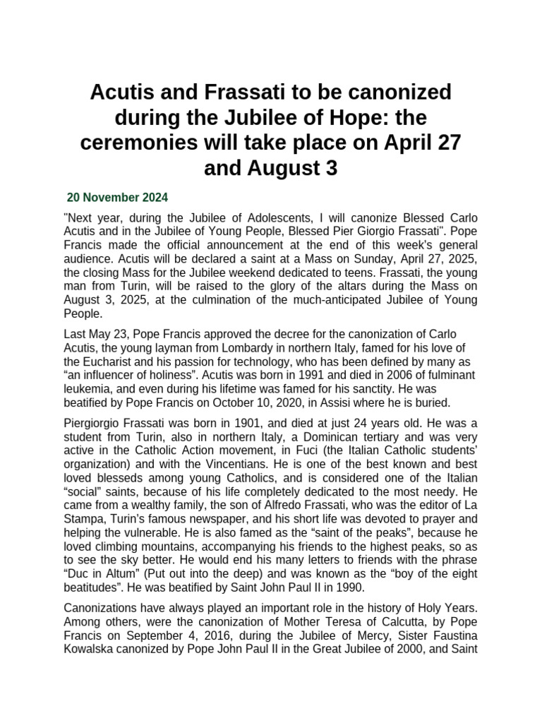 Canonization of Acutis & Frassati 2025 | PDF | Catholic Church ...