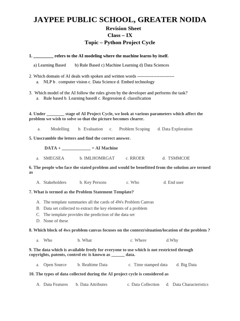 Revision Worksheet Class IX - AI Project Cycle +introduction To AI | PDF